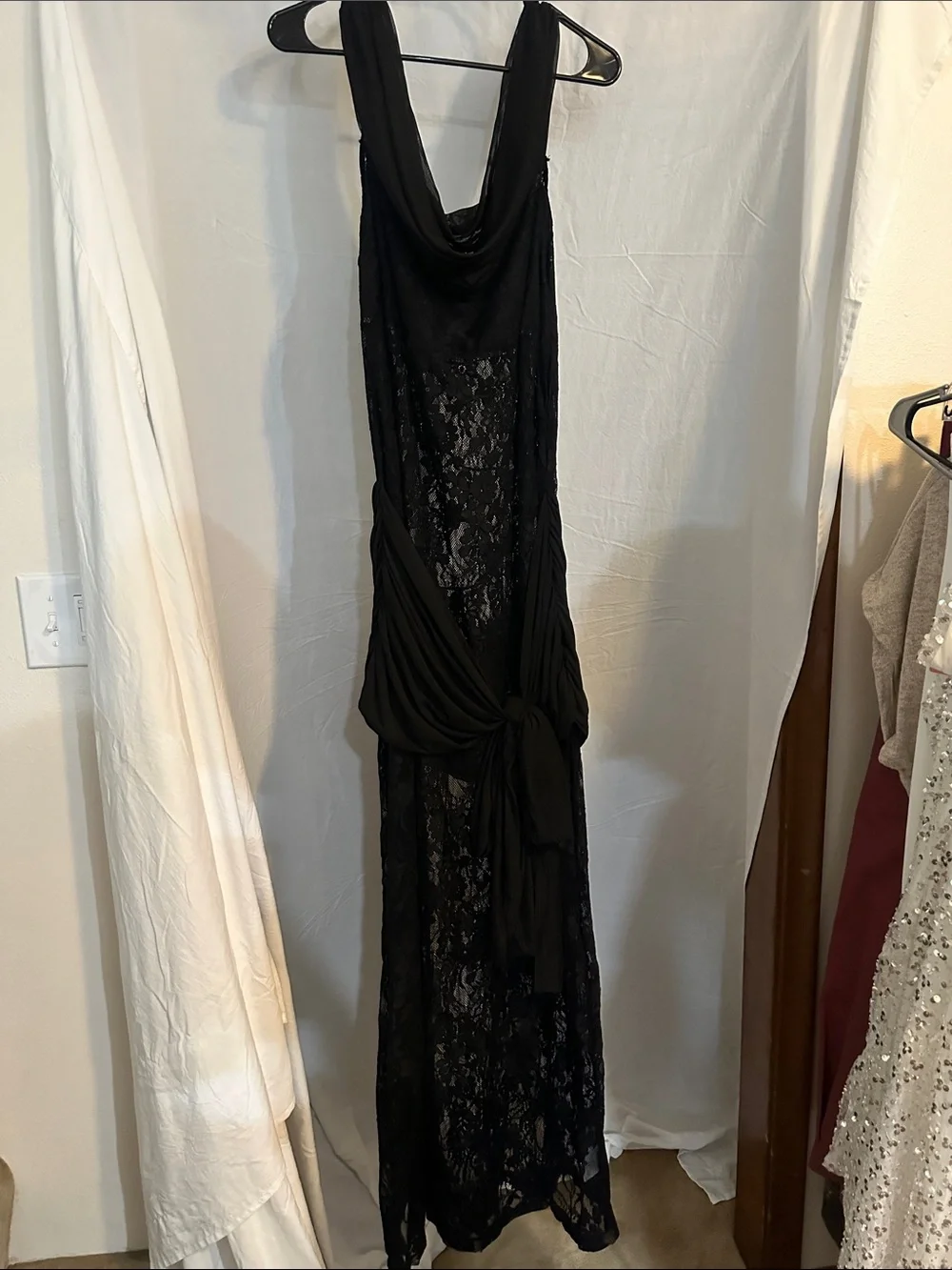 Peppermayo | Dresses | Peppermayo Black Lace Maxi Dress With Draped ...